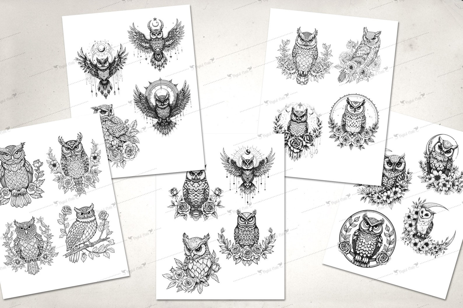 Owl Line Art Clipart – Floral Collage Sheets (digital Download) - Etsy