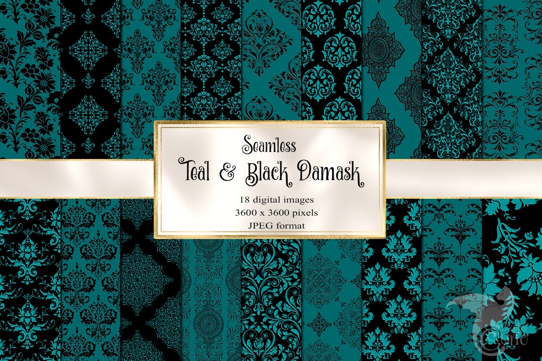 Teal and Black Damask Digital Paper, Gothic Digital Paper, Seamless ...