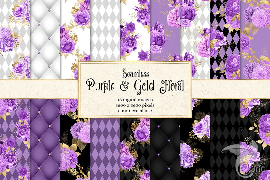 Purple and Gold Floral Digital Paper, Lavender and Gold Printable ...