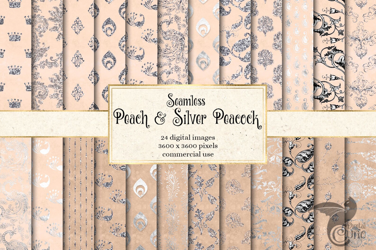 Peach and Silver Peacock Digital Paper Seamless Peacock - Etsy