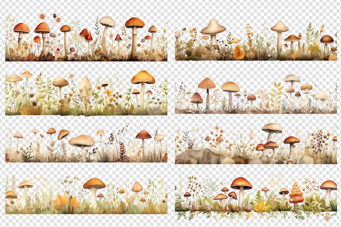 Watercolor Mushroom Borders Clipart – Seamless Botanical PNG (digital ...