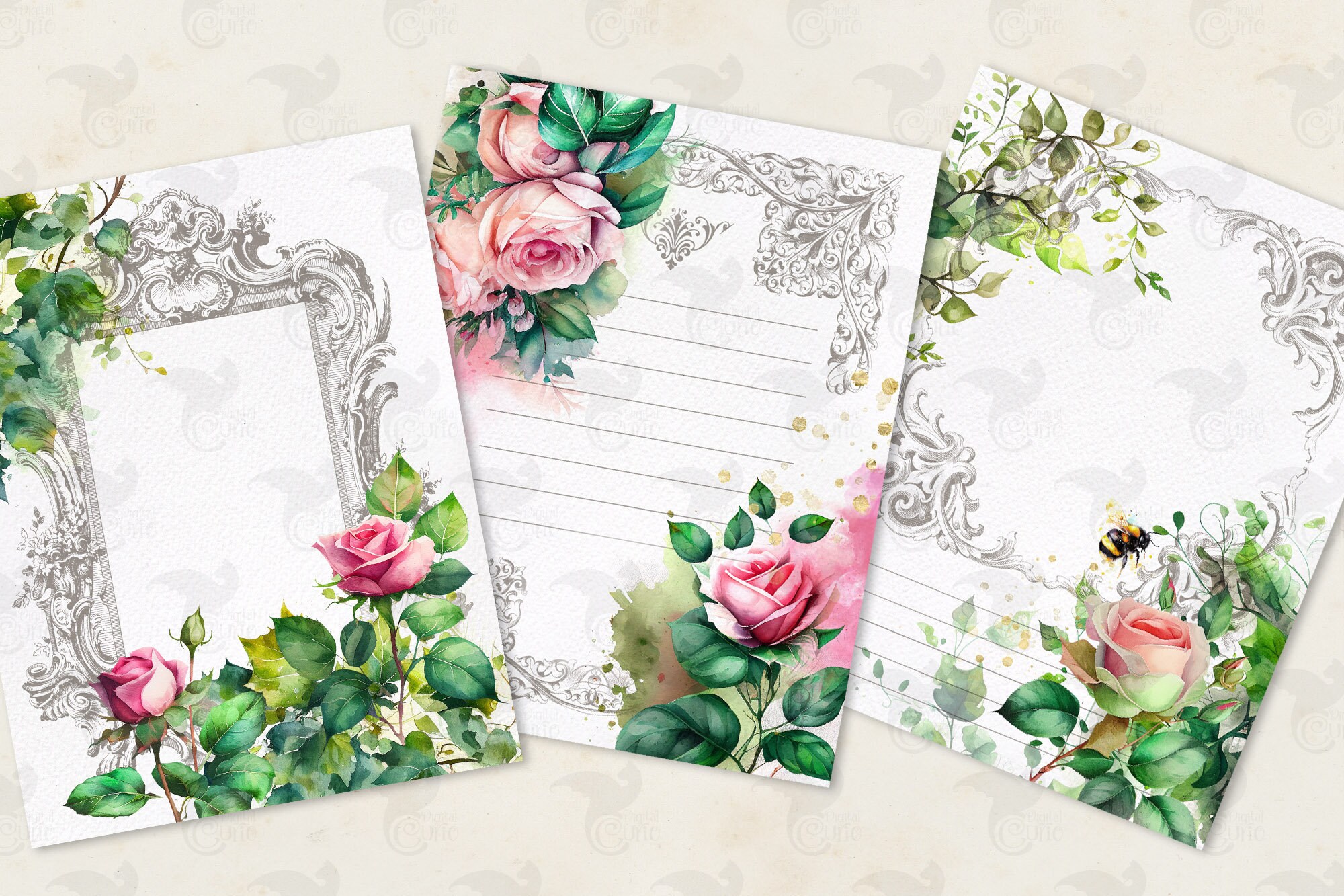 Pink Watercolor Rose Digital Paper, Printable Junk Journal Watercolor ...