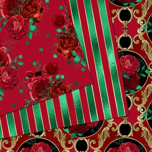 Red and Green Floral Digital Paper, Seamless Christmas Flower Patterns ...