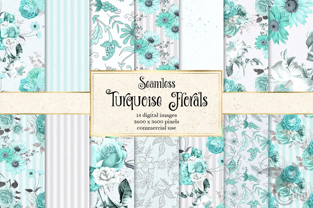 Turquoise Floral Digital Paper, Seamless Backgrounds With Aqua Flower ...