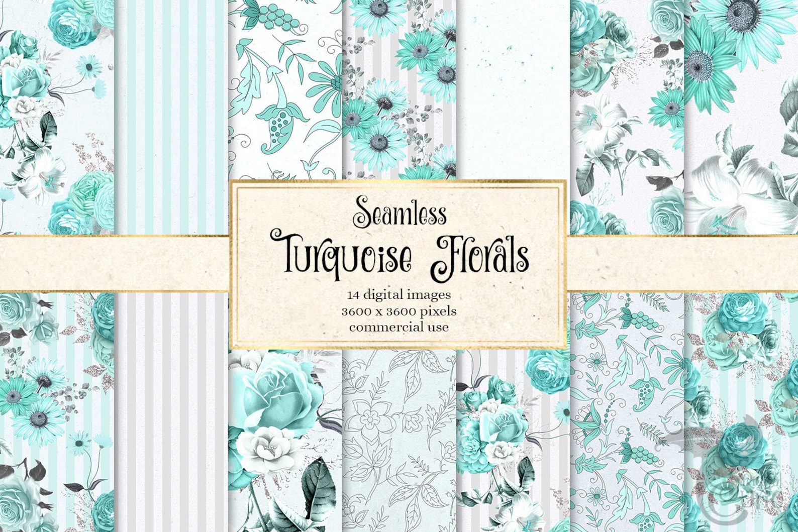 Turquoise Floral Digital Paper Seamless Backgrounds With Aqua - Etsy