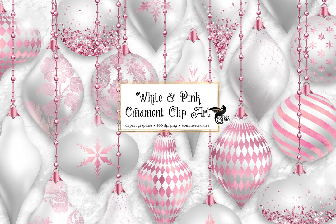 White and Pink Christmas Ornaments Clipart, Digital Glitter Christmas ...