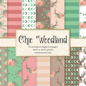 Chic Woodland Digital Paper, Antler Patterns, Rustic Pink, Ivory and ...