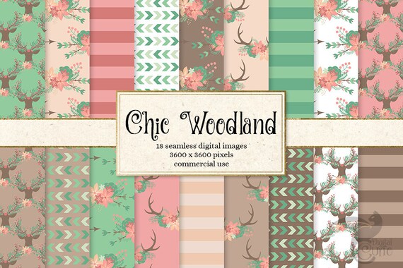 Chic Woodland Digital Paper antler patterns rustic pink | Etsy