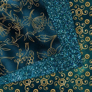 Tropical Gold Digital Paper - Dark Teal and Gold Seamless Patterns With ...