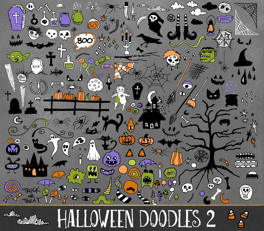Halloween Doodles Clipart 2 Digital Hand Drawn Sketched - Etsy