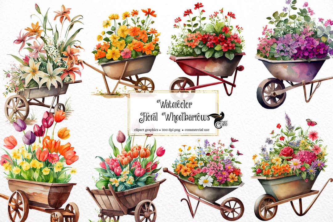 Watercolor Floral Wheelbarrows Clipart - Spring Garden PNG (digital ...