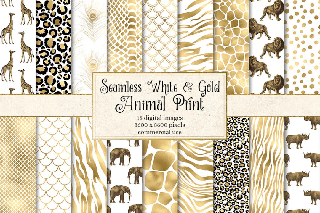 White and Gold Animal Skins Digital Paper, African Animal Print ...