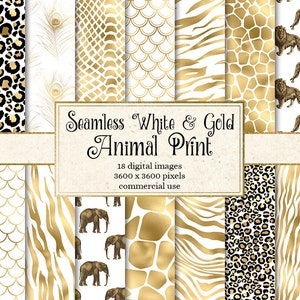 White and Gold Animal Skins Digital Paper, African Animal Print ...