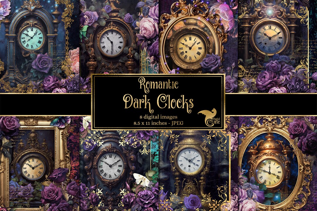 Romantic Dark Clocks Journal Paper, Notebook Digital Paper Steampunk ...