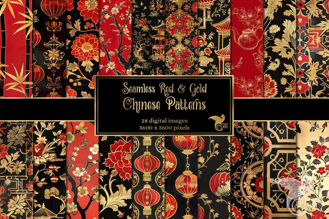 Red and Gold Chinese Digital Paper, Chinoiserie Seamless Patterns (JPG ...
