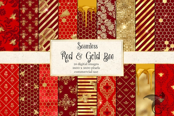 Red and Gold Honey Bee Digital Paper Seamless Patterns Honey - Etsy