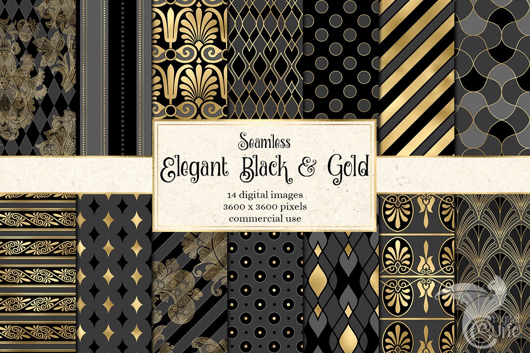 Black and Gold Digital Paper, Seamless Foil Backgrounds (digital ...