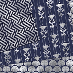 Navy and Silver Art Deco Digital Paper, Seamless Deco Patterns in ...