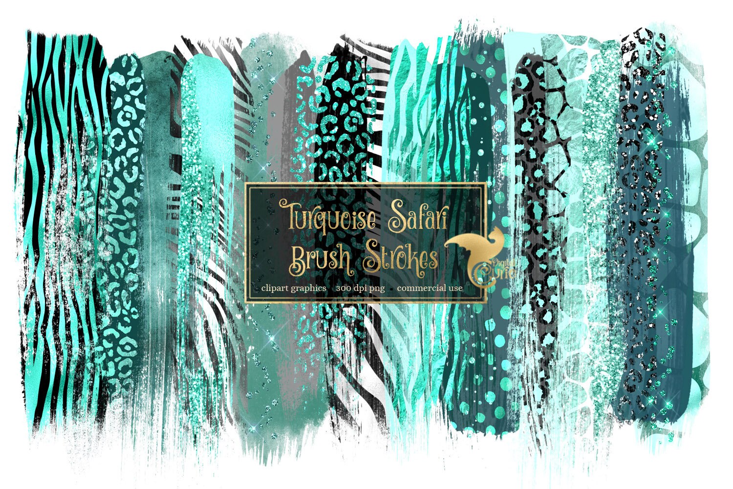 Turquoise Safari Brush Strokes Clipart With Aqua Glitter and | Etsy