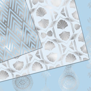 Blue and Silver Art Deco Digital Paper, Seamless Deco Patterns in ...