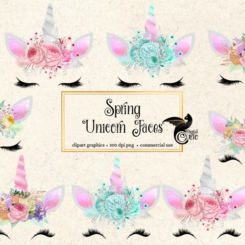Unicorn Faces Clipart Rainbow Pink and Gold Watercolor - Etsy