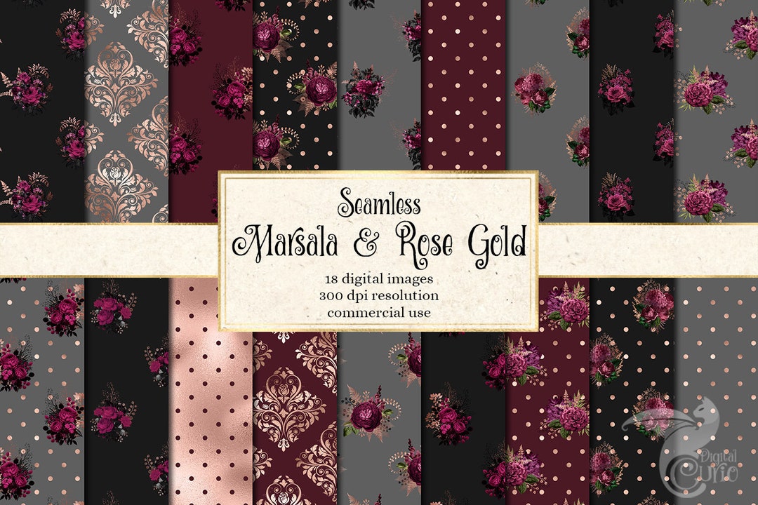 Marsala and Rose Gold Floral Digital Paper, Seamless Flower Patterns in ...