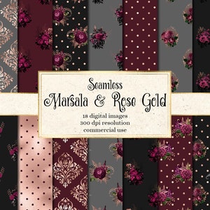Marsala and Rose Gold Floral Digital Paper, Seamless Flower Patterns in ...
