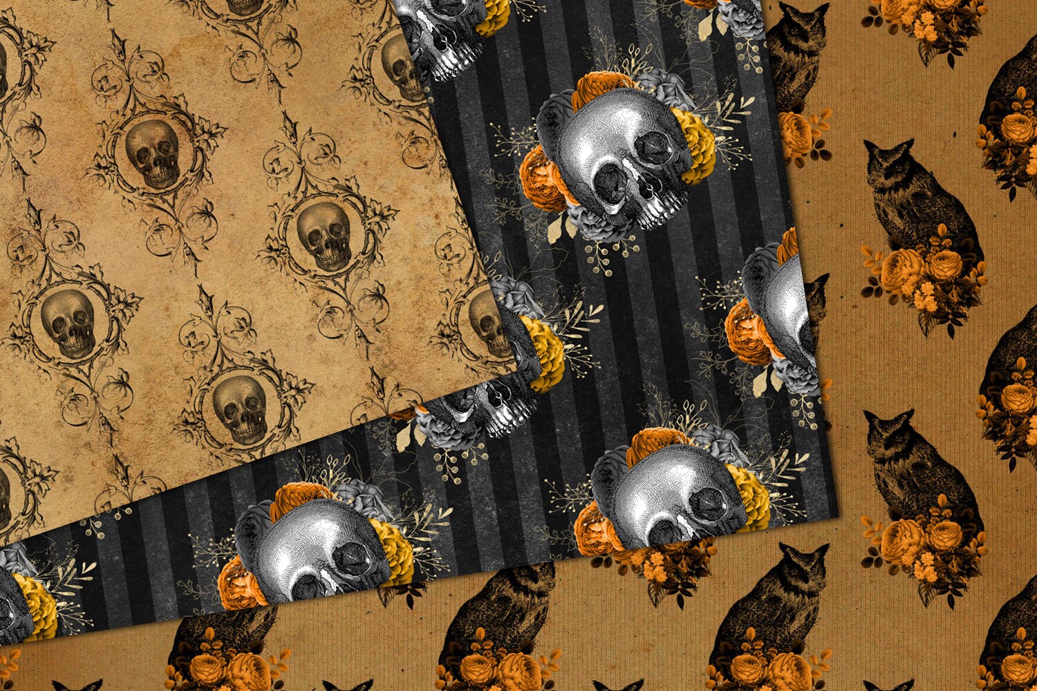 Vintage Halloween Digital Paper Textures Antique Skull Damask - Etsy