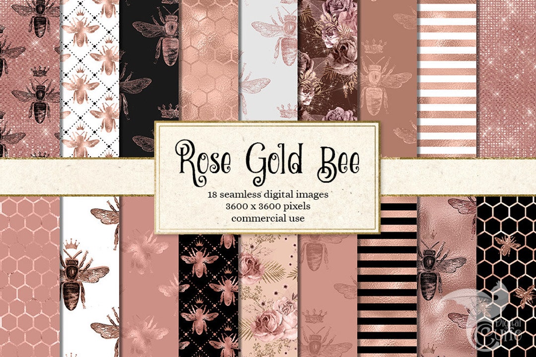 Rose Gold Bee Digital Paper, Seamless Patterns, Rose Gold Honey Bee ...
