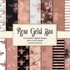 Rose Gold Bee Digital Paper, Seamless Patterns, Rose Gold Honey Bee ...