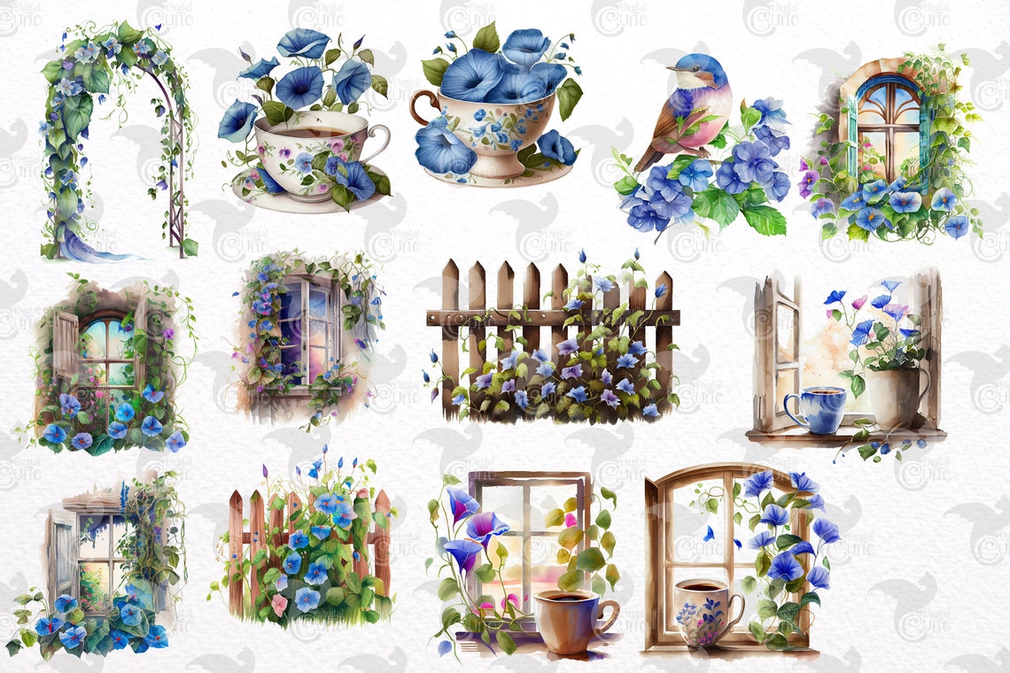 Watercolor Morning Glory Scenes Clipart - Floral Watercolor PNG Format ...