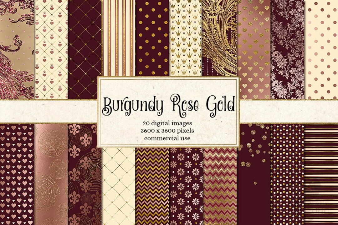 Burgundy and Rose Gold Digital Paper, Ivory and Gold Glitter Wedding ...