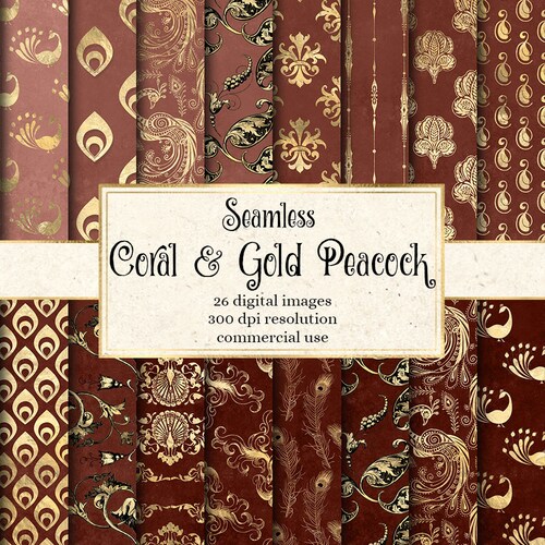 Blue and Gold Peacock Digital Paper Seamless Gold Peacock | Etsy