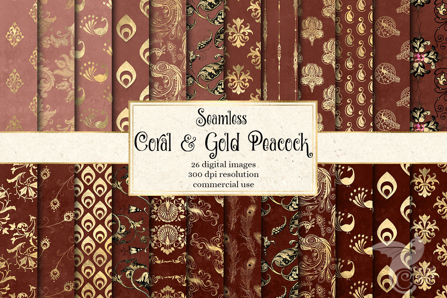 Coral and Gold Peacock Digital Paper, Seamless Patterns (digital ...