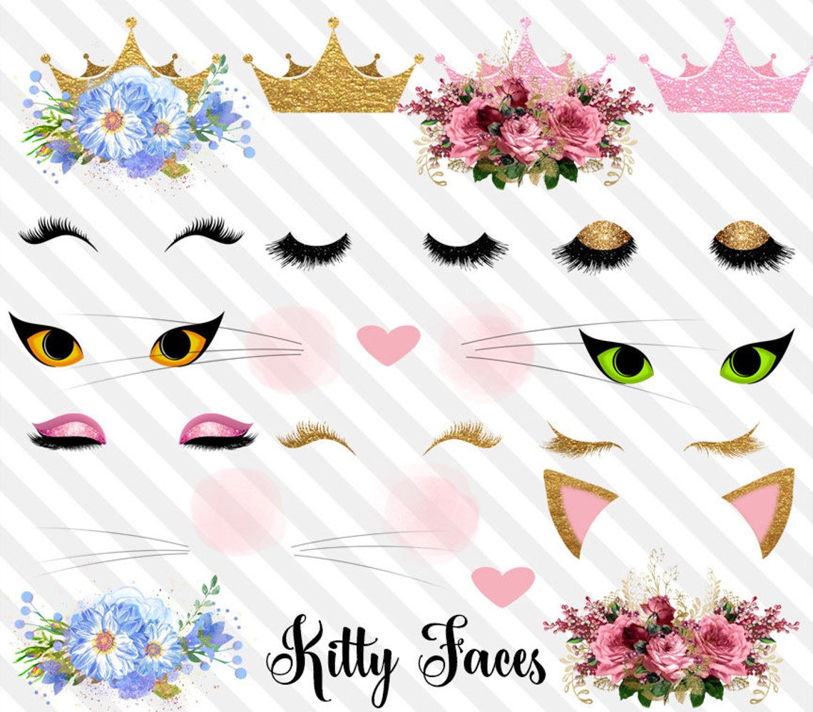 Kitty Faces Clipart Cat Eyes Face Ears Eyelashes Cute - Etsy