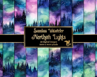 Watercolor Aurora Borealis Digital Paper, Northern Lights Backgrounds ...