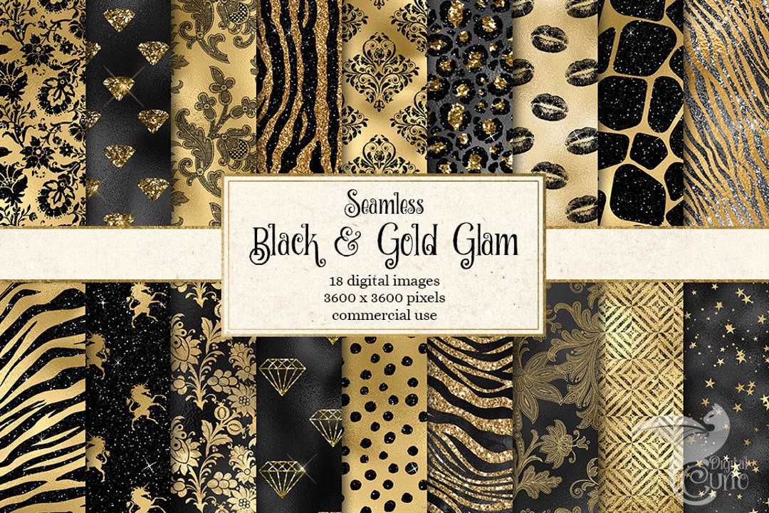 Black and Gold Glam Digital Paper, Seamless Black and Gold Glitter Glam ...
