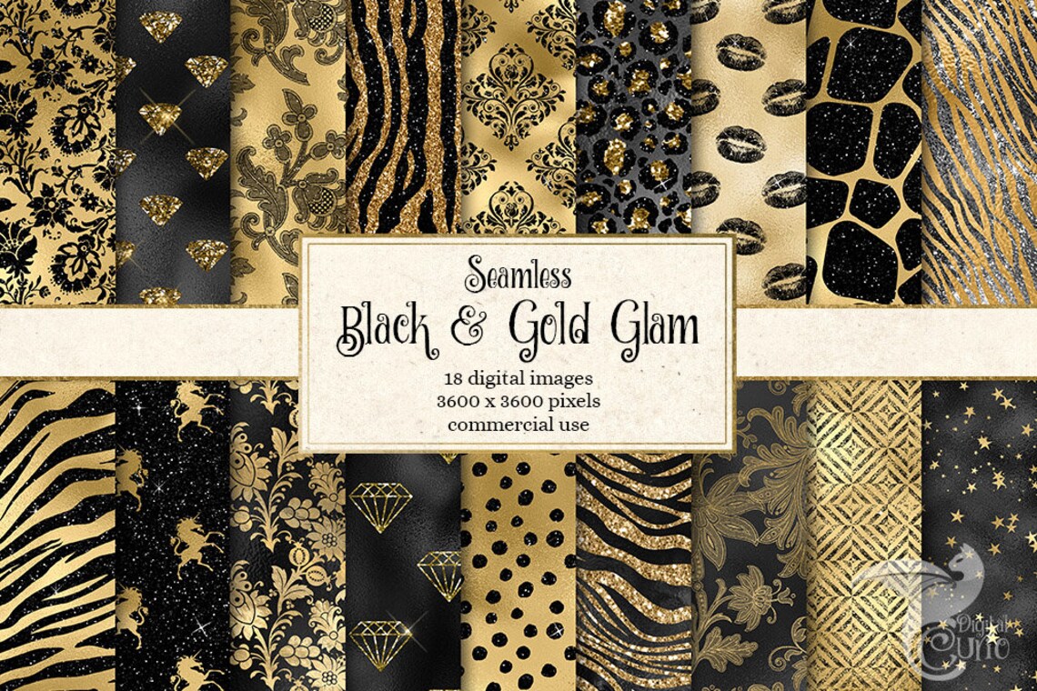 Black and Gold Glam Digital Paper, Glitter Textures (digital Download ...