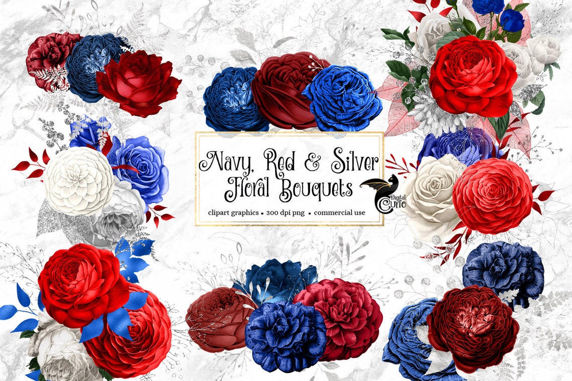 Navy Red and Silver Floral Bouquets Clipart Red and Navy Blue | Etsy