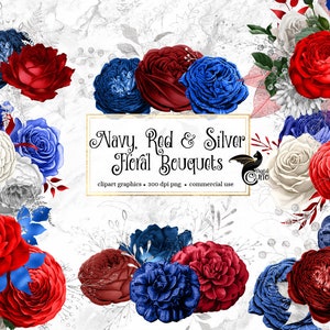 Navy Red and Silver Floral Bouquets Clipart, Red and Navy Blue ...