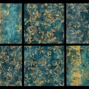 Distressed Ornate Teal and Gold Damask Digital Paper, Seamless Damask ...