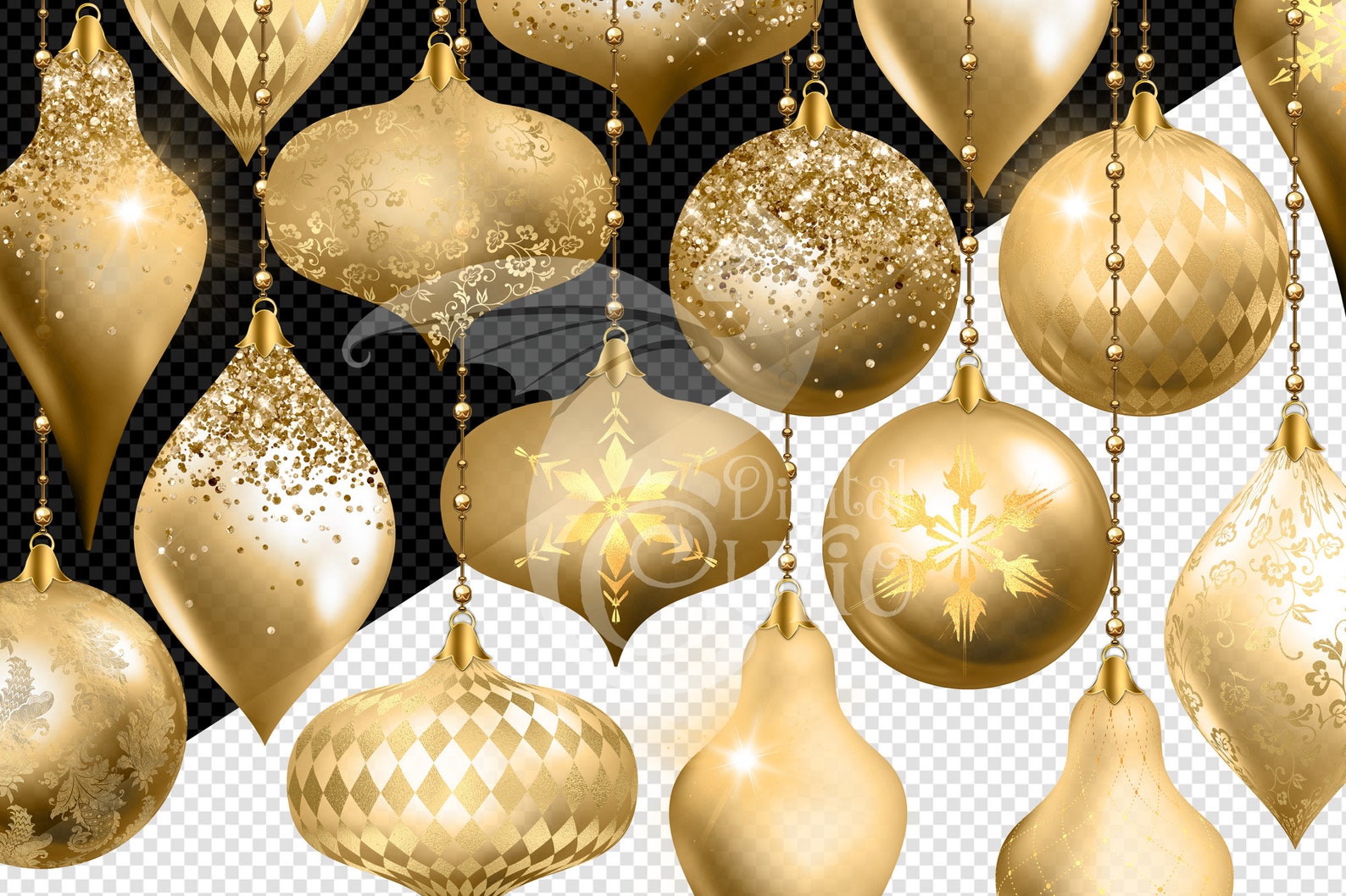Gold Christmas Ornaments Clipart Digital Glitter Christmas - Etsy