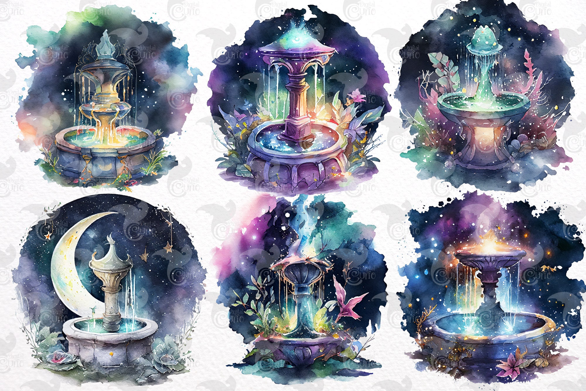 Watercolor Fantasy Fountains Clipart - Fairy Garden Fountain PNG Format ...