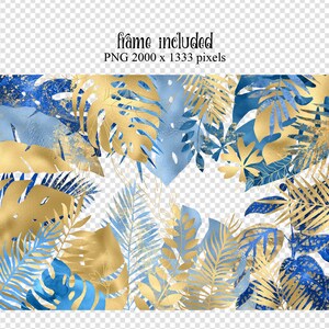 Blue and Gold Tropical Leaves Clipart, Gold Foil Tropical Leaf Clip Art ...