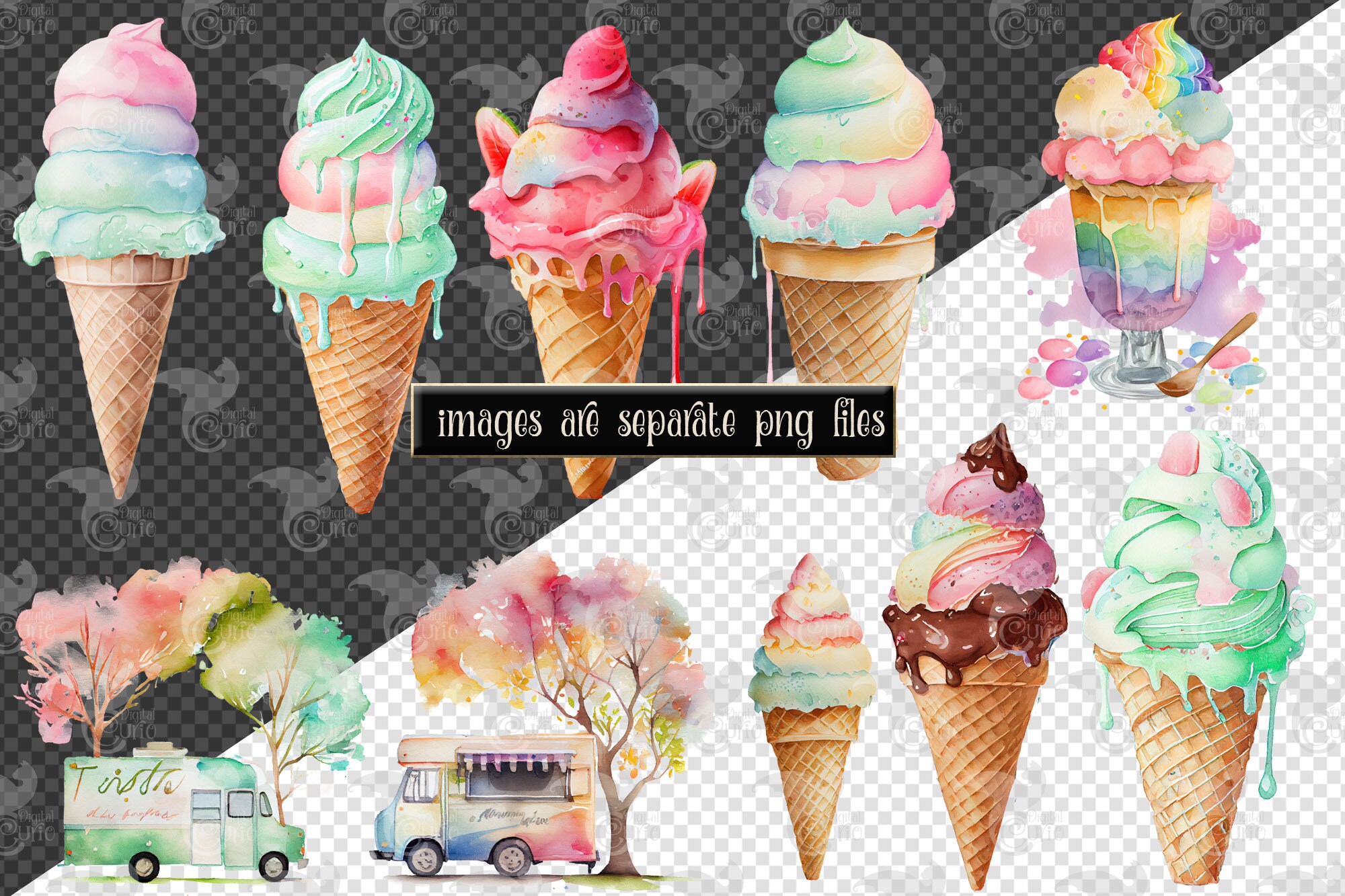 Watercolor Ice Cream Clipart, Cones, Sundaes (PNG, Digital Download) - Etsy