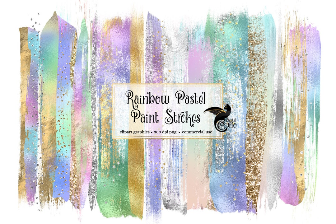 Rainbow Pastel Paint Strokes Clipart, With Gold Glitter and Silver Foil ...