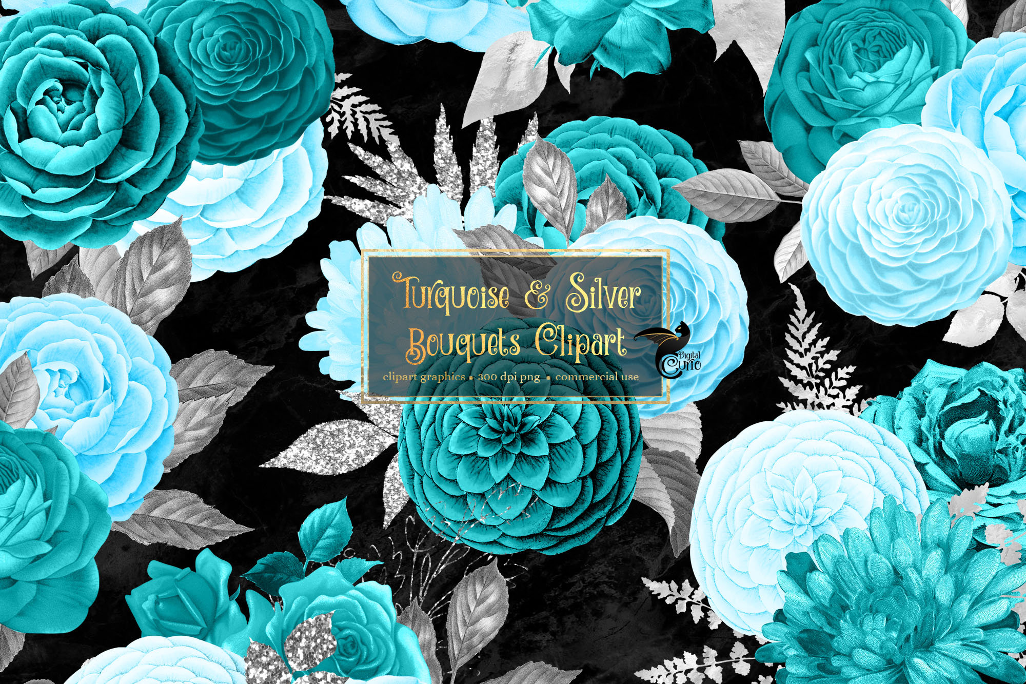 Turquoise and Silver Floral Bouquets Clipart Digital Instant - Etsy
