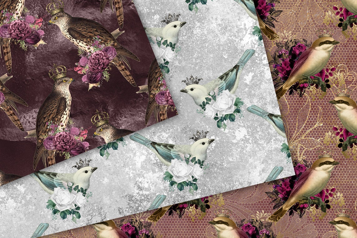 Royal Birds Digital Paper Seamless Bird Printable Scrapbook | Etsy