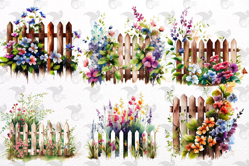 Watercolor Garden Fences Clipart Spring Floral PNG Format - Etsy