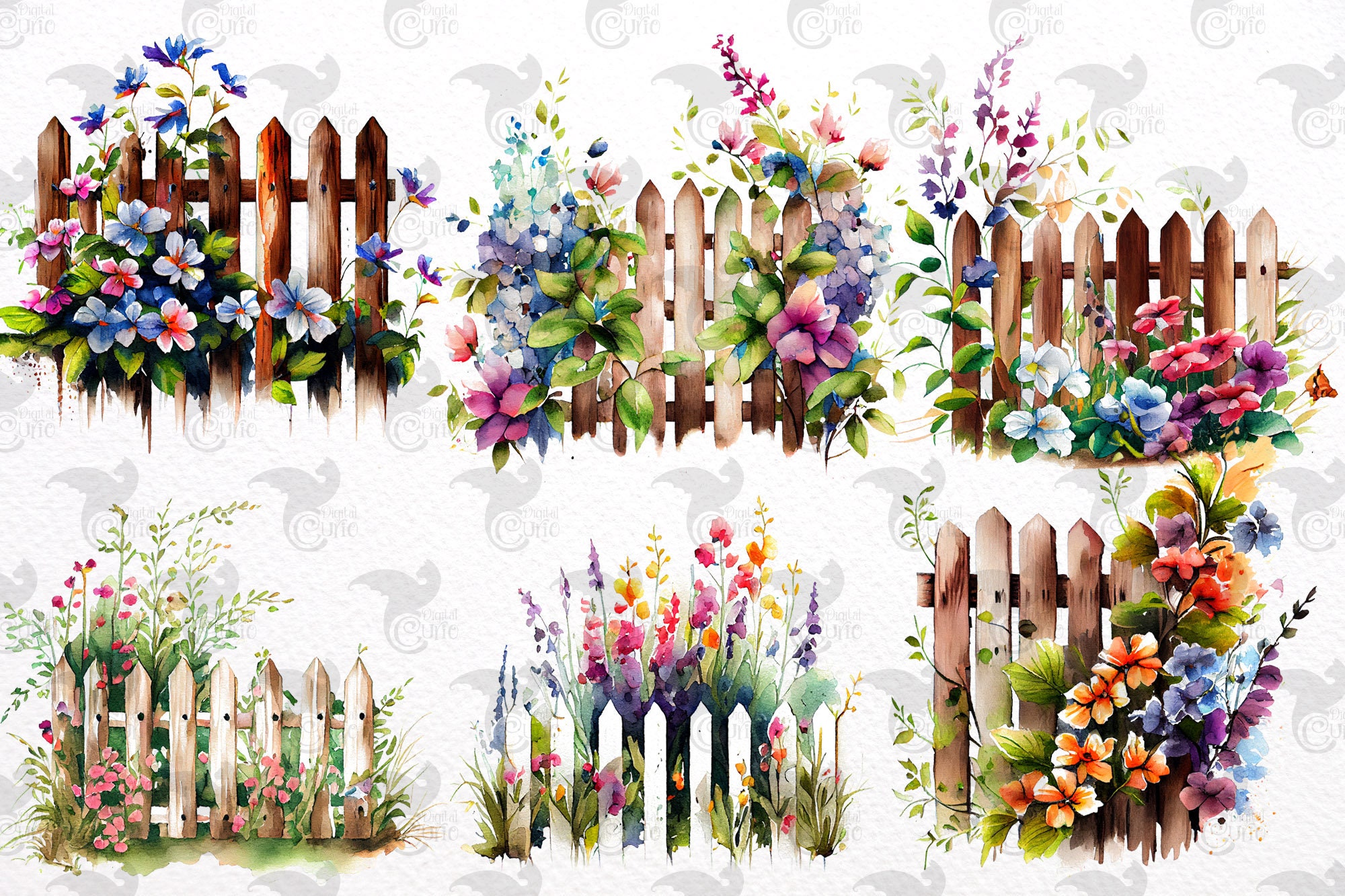 Watercolor Garden Fences Clipart - Spring Floral PNG Format Instant ...